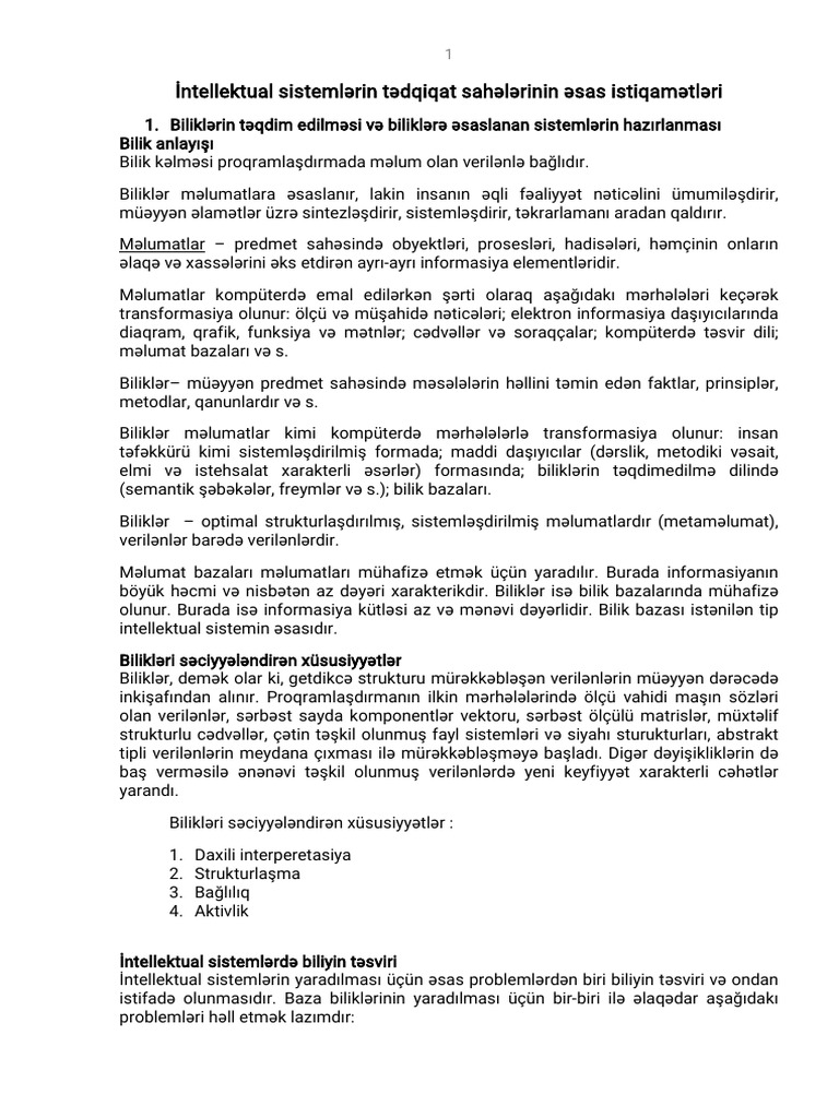 İntellektual Sistemlərinin Tədqiqat Sahələrinin Istiqamətləri | PDF