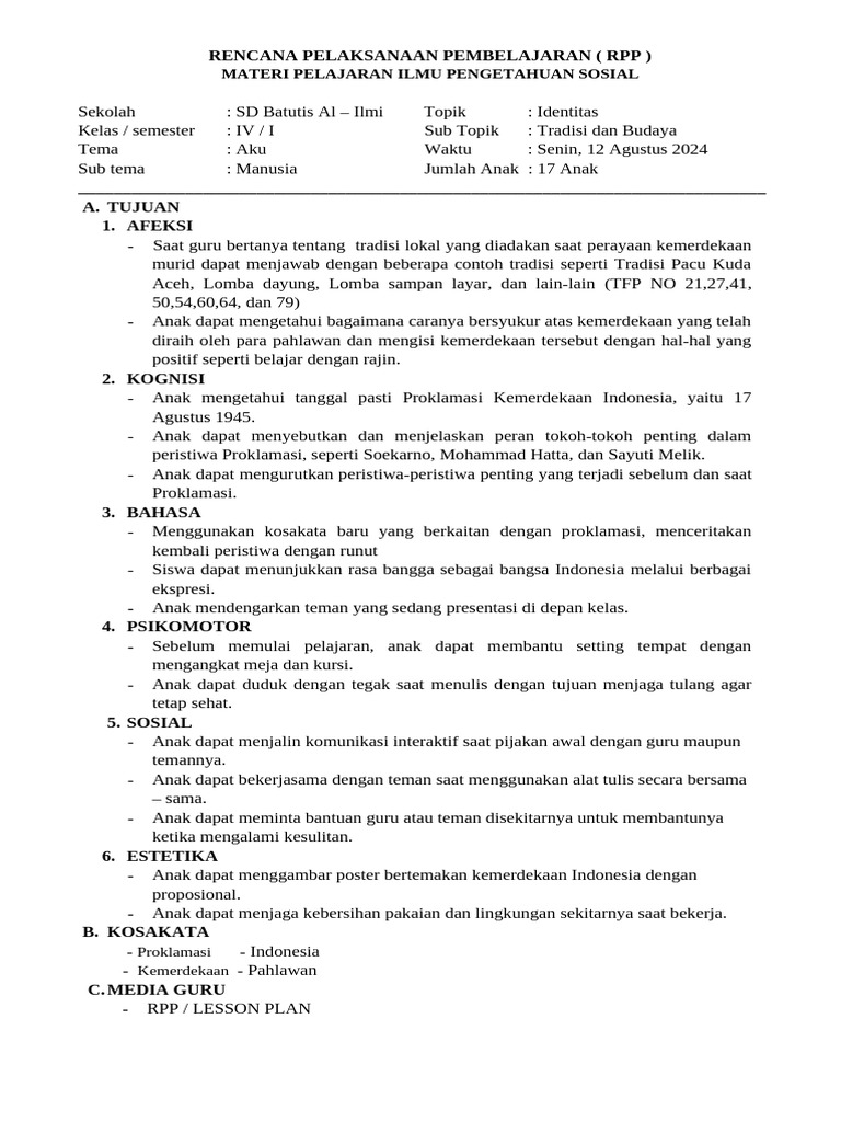 RPP Ips Kelas 4 Senin 12 Agustus 2024 | PDF | Kesehatan Holistik