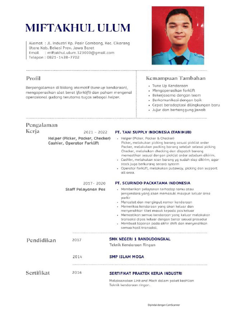 CV Lengkap Miftakhul Ulum | PDF