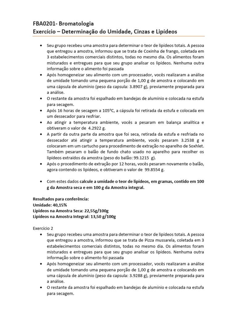 Exercicio Umidade Cinzas e Lipideos | PDF | Umidade