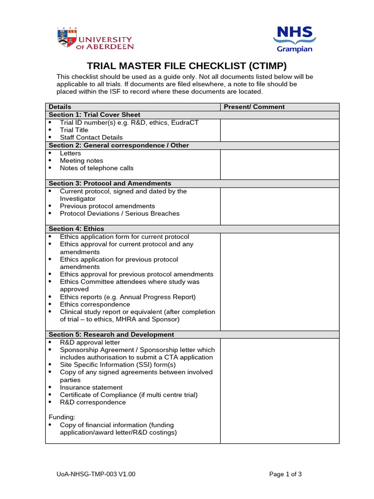 UoA-NHSG-TMP-003 - TMF Checklist V1.00 | PDF | Clinical Research | Medicine