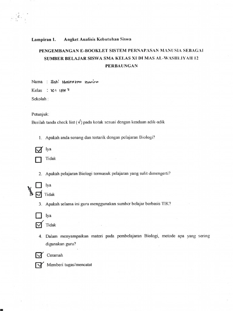 Angket Analisis Kebutuhan Siswa Kelas XI IPA2 | PDF