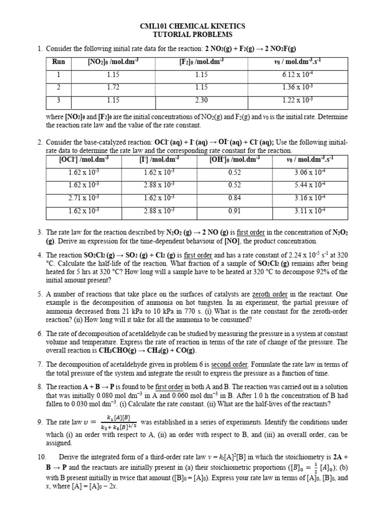 Tutorial Sheet On Chemical Kinetics | PDF | Reaction Rate | Process Engineering