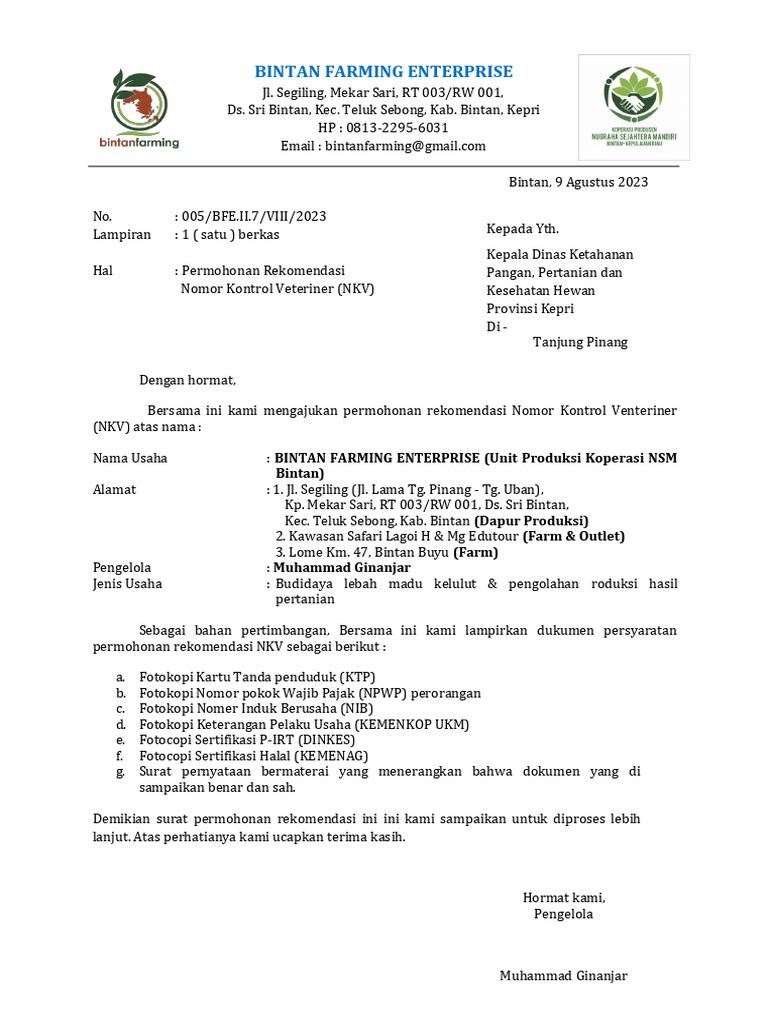 Surat NKV Update Bintan Framing | PDF