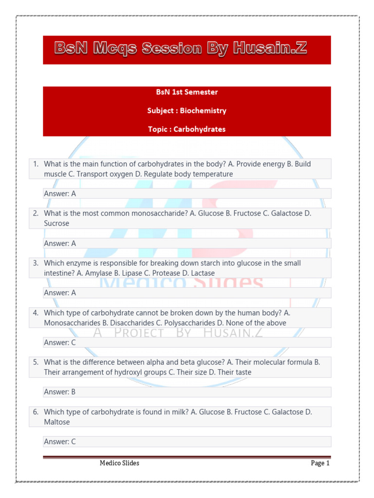 Carbohydrates Mcqs by Medico Slides | PDF | Cellular Respiration ...