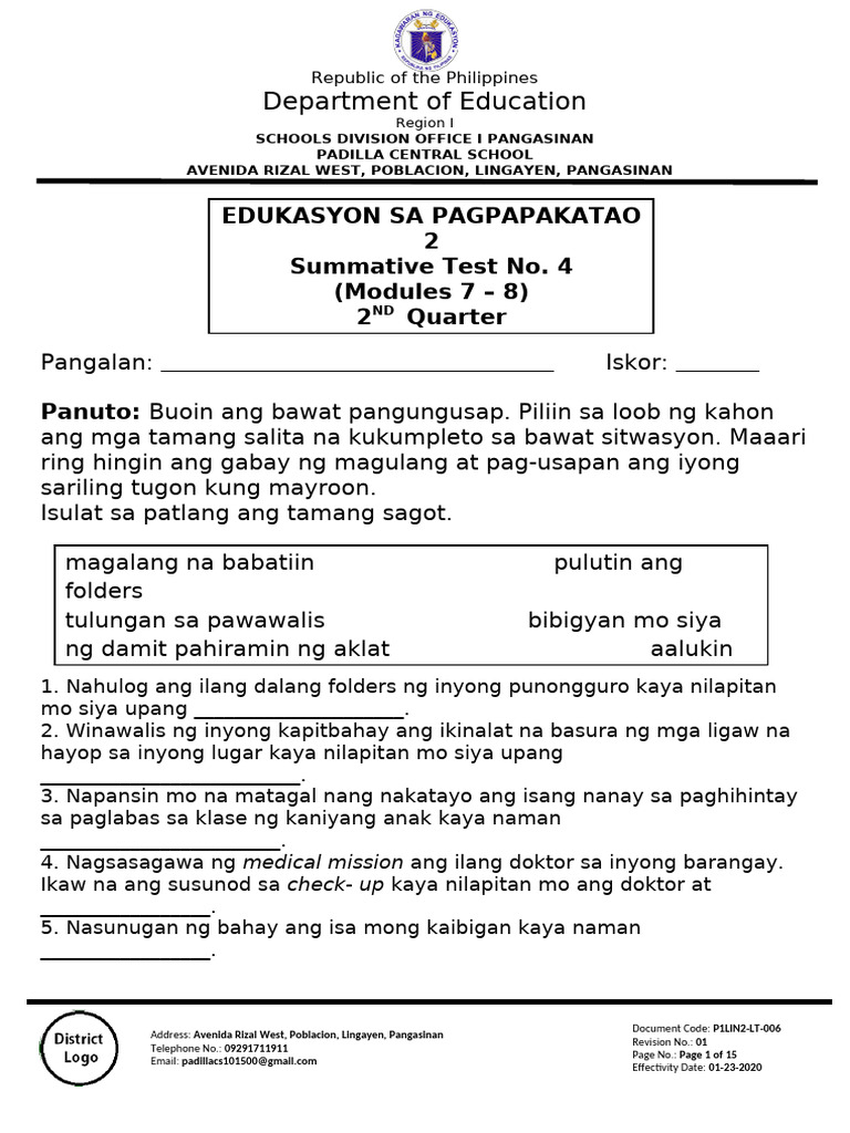 2ND Quarter Summative-Number 4 Modules 7-8 | PDF