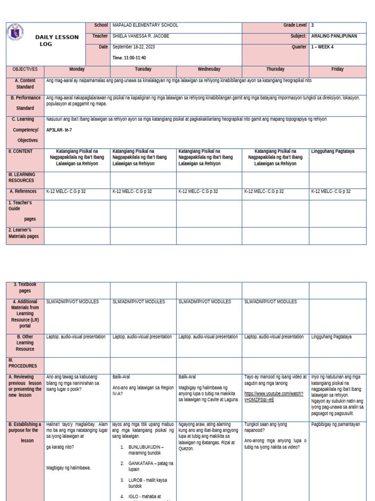 AP Q1 - W4 Daily Lesson Log | PDF