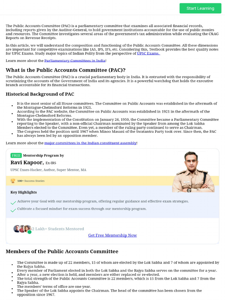Public Accounts Committee - Functions and Significance of PAC | PDF