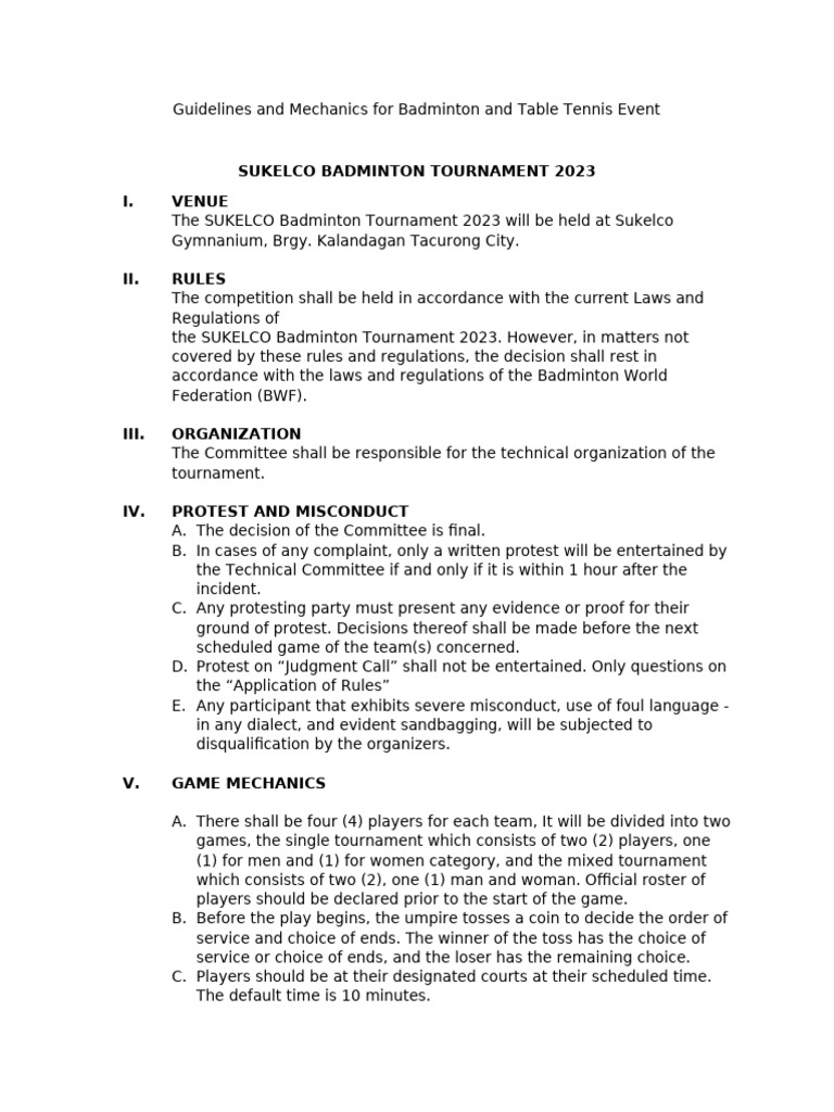 Guidelines and Mechanics For Badminton and Table Tennis Event | PDF ...