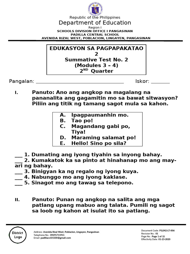 2ND Quarter Summative-Number 2 Modules 3-4 | PDF