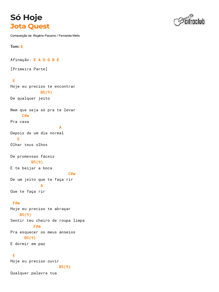 Letra da Música "Só Hoje" - Jota Quest | PDF