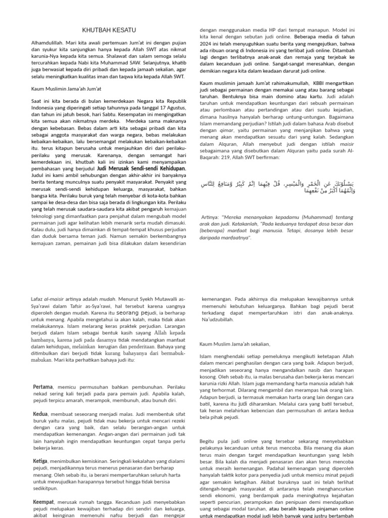 Khutbah Judi Merusak Sendi-Sendi Kehidupan | PDF Khutbah Judi Merusak Sendi-Sendi Kehidupan | PDF