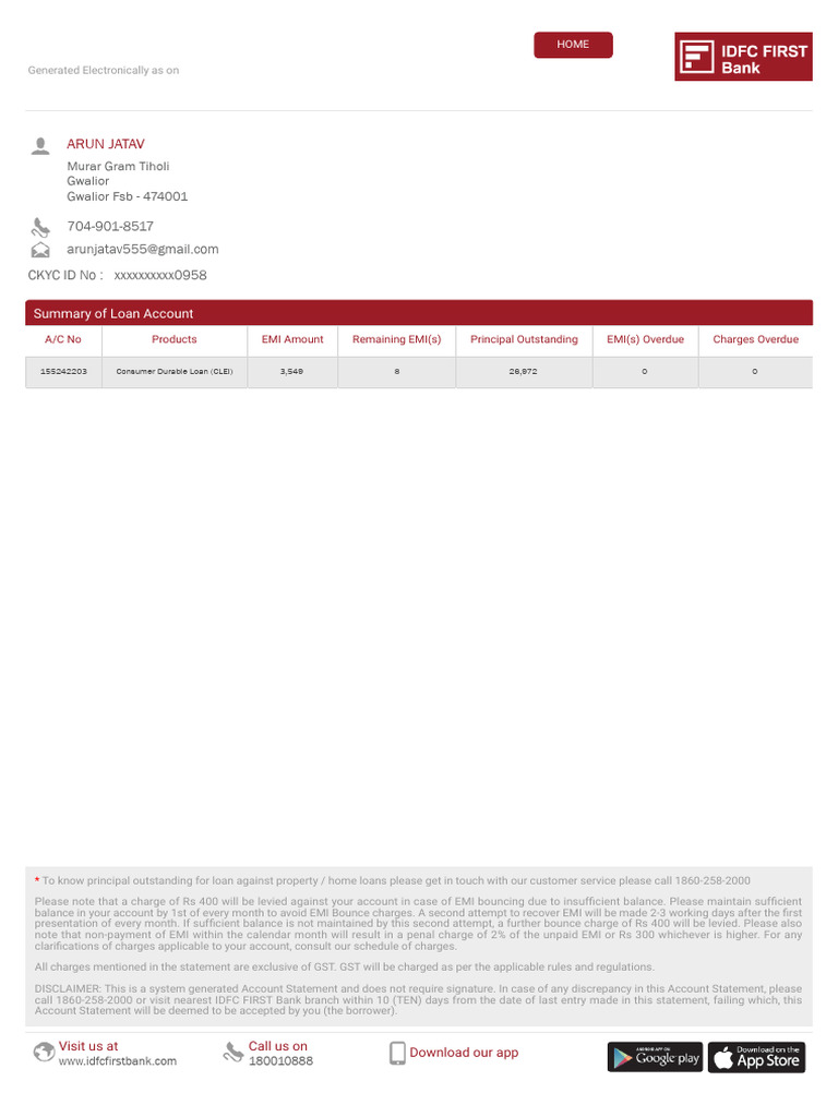 IDFC First Bank Loan Account Statement | PDF | Fee | Loans