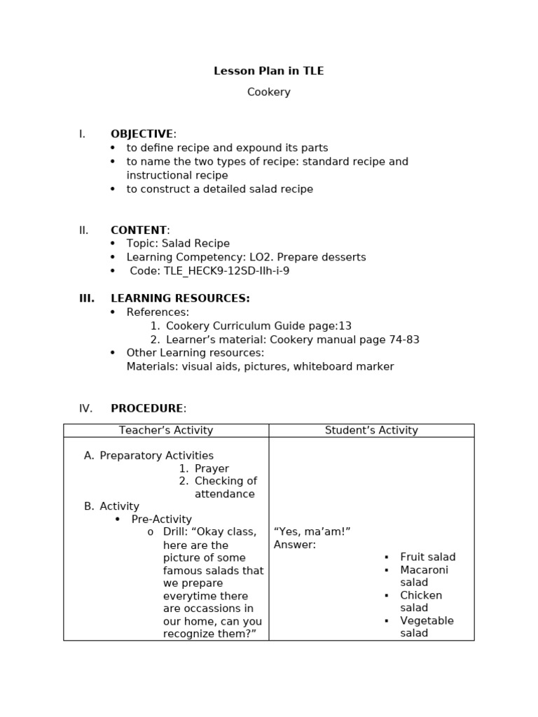 Lesson Plan Demo | PDF | Recipe | Salad