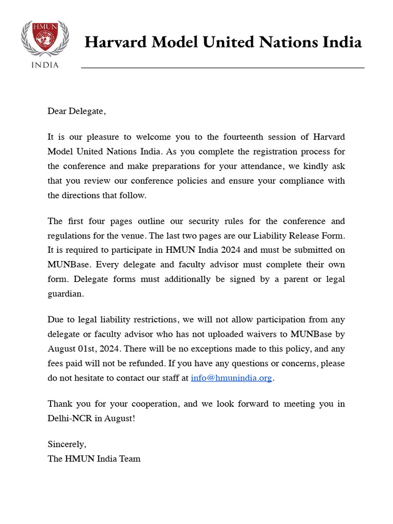 HMUN India 2024 Conference Guide | PDF | Harassment | Indemnity