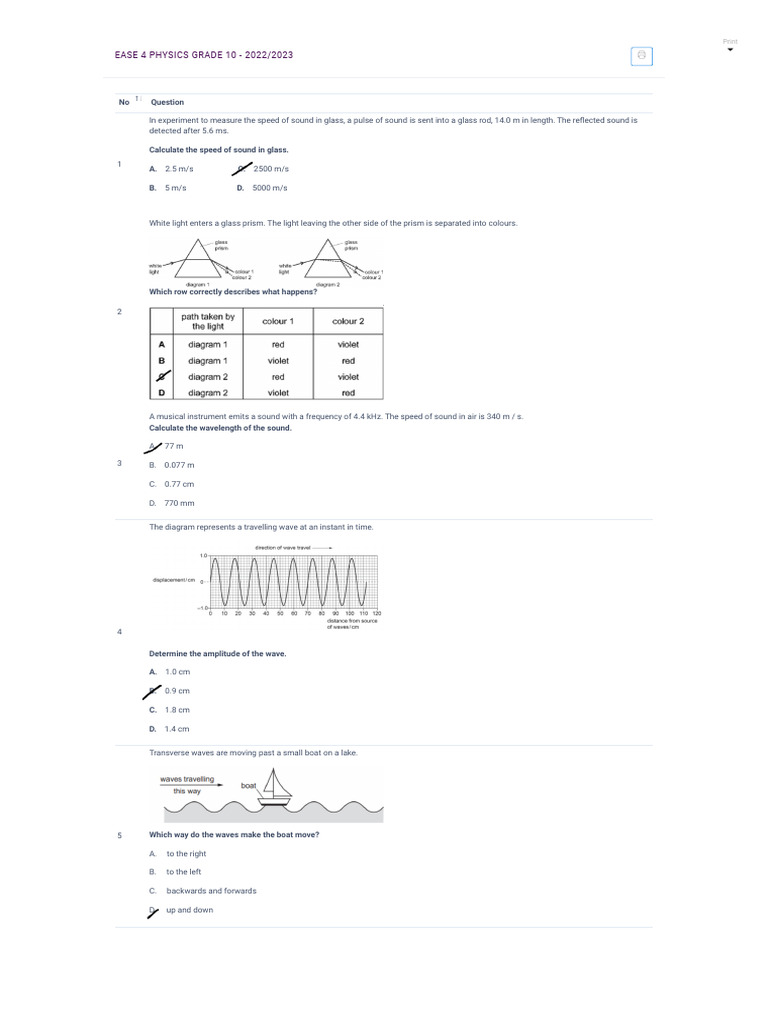 EASE 4 Grade 10 Physics Question Only | PDF | Sound | Light