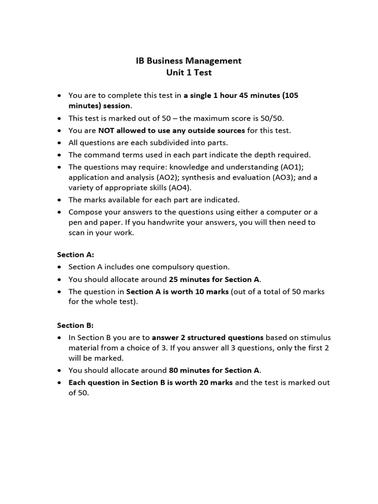 IB Business Management Unit 1 Test Guide | PDF | Retail | Brand