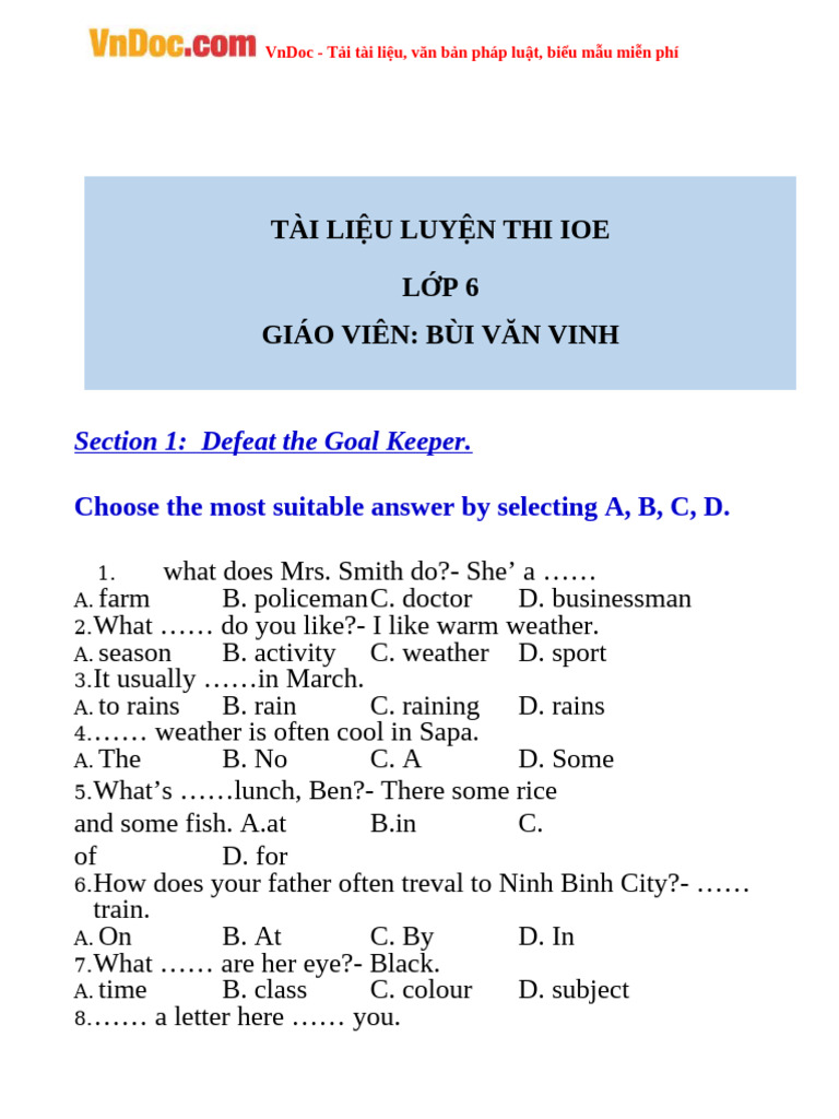 Bai Tap Luyen Thi Ioe Lop 6 | PDF