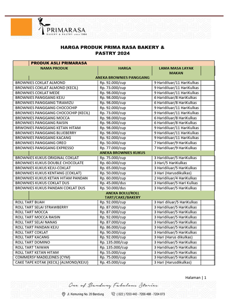 Daftar Harga Produk Prima Rasa Bandung Update 17 Maret 2024 | PDF ...