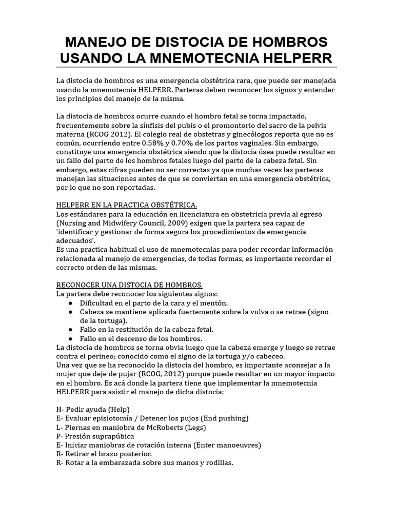 Manejo de Distocia de Hombros Usando La Mnemotecnia Helperr | PDF ...