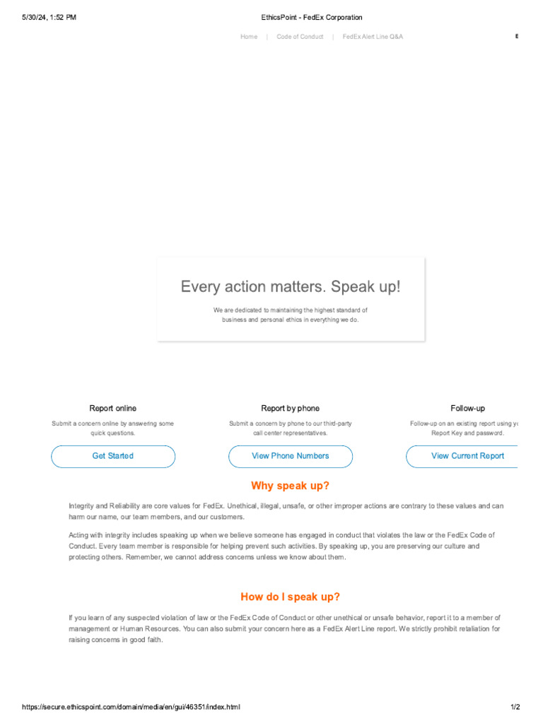 FedEx EthicsPoint - Alert Line | PDF