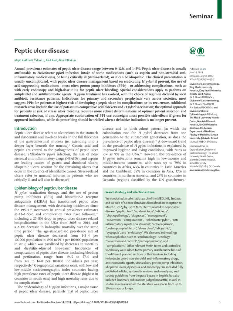 Peptic Ulcer Disease | PDF | Causes Of Death | Medicine