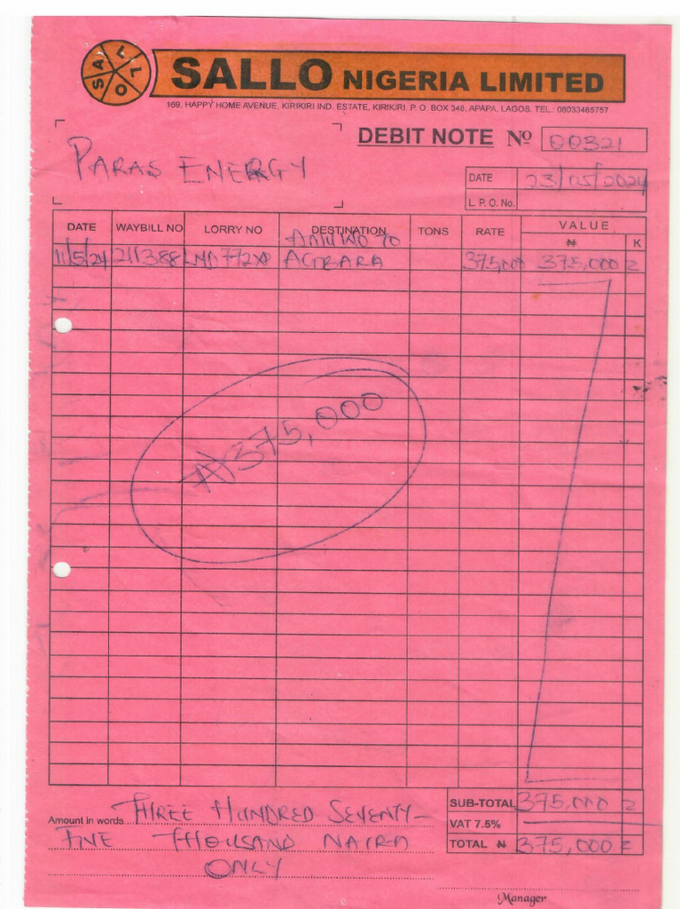 Sallo Nigeria Limited - Invoice 321 and Waybill | PDF