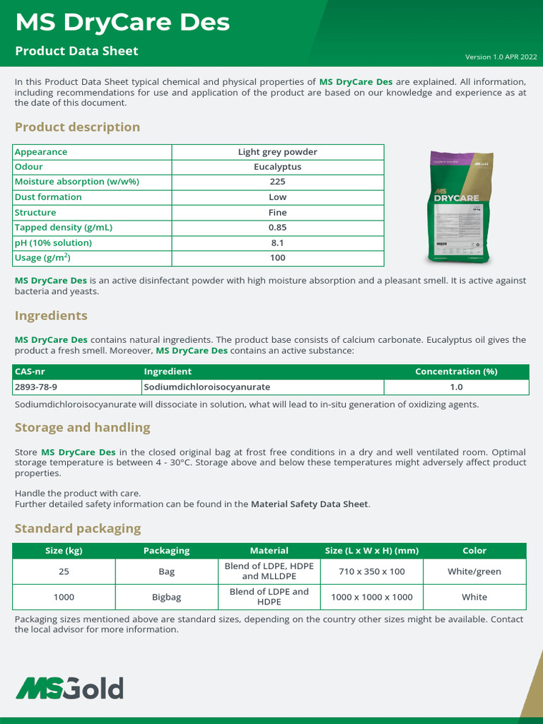 Ms Drycare Des Product Data Sheet v1 | PDF | Science & Mathematics