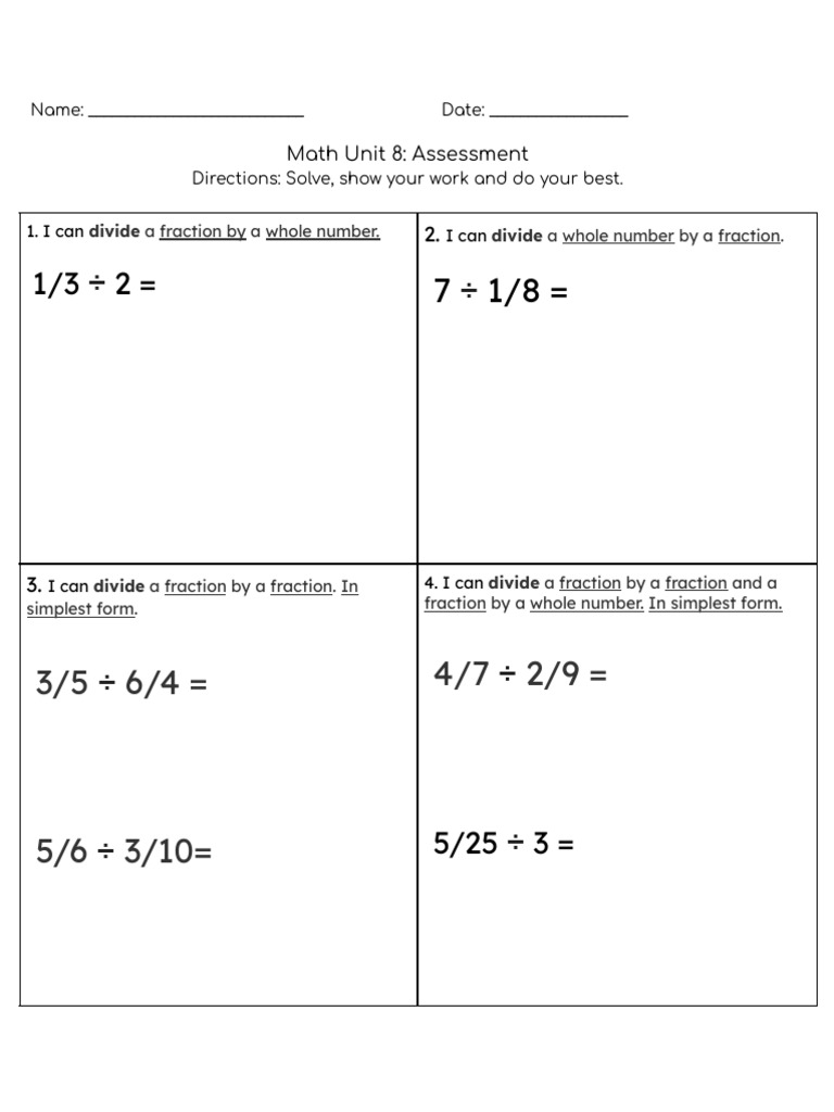 5B Unit Dividing Fractions Assessment | PDF | Foods