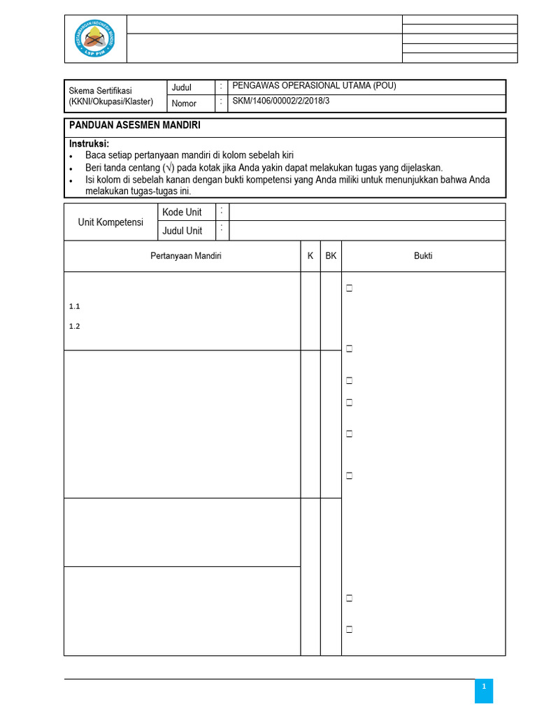 FR - APL.02 ASESMEN MANDIRI (POU) - Rev 01 | PDF