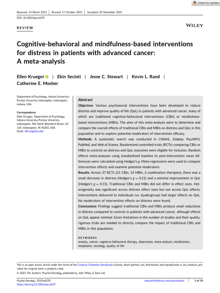 Meta-Analysis: CBIs & MBIs for Cancer Distress | PDF | Randomized Controlled Trial | Cancer