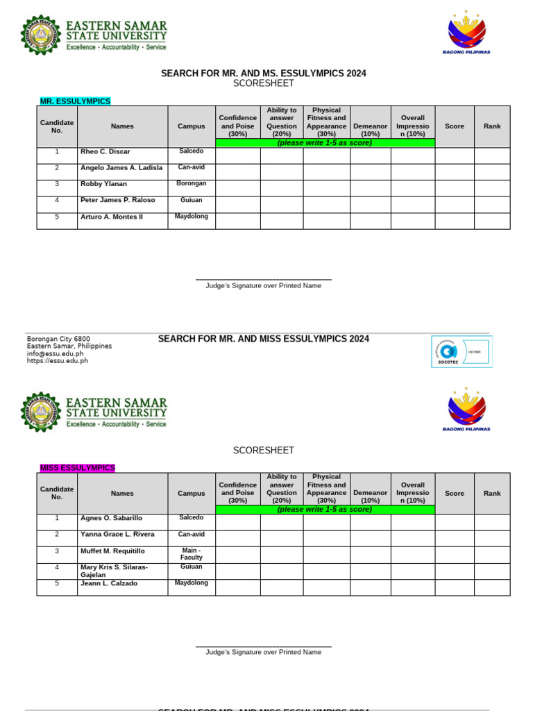 SCORESHEET Pageant Night | PDF