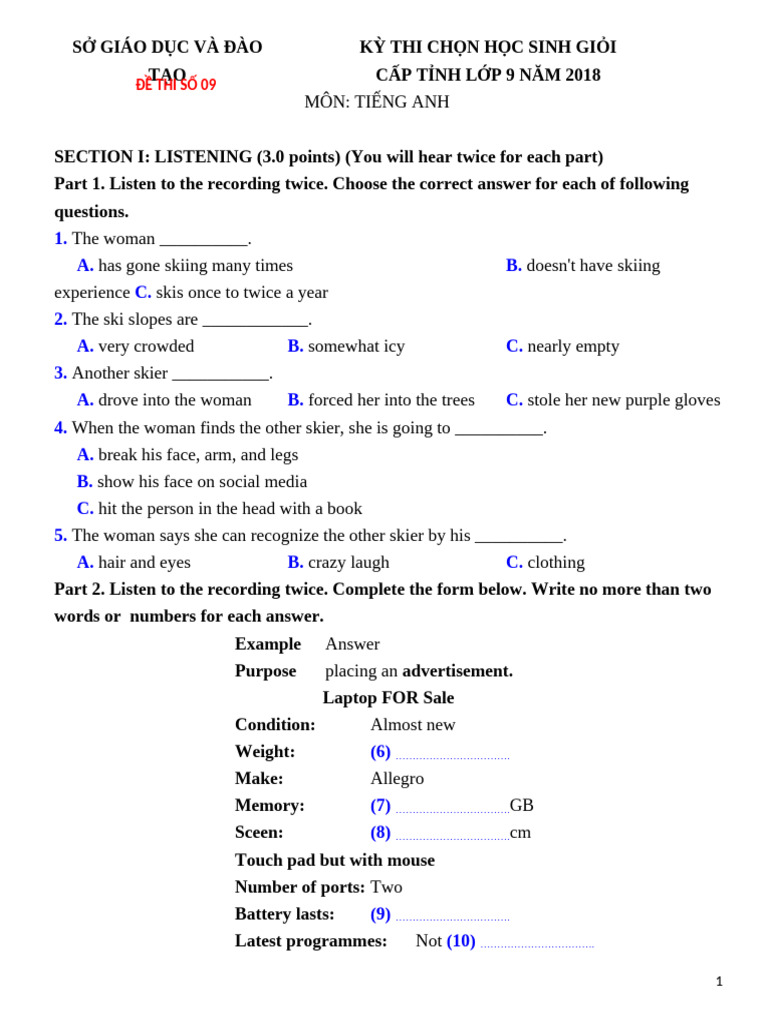 ĐỀ SỐ 09-HSG ANH 9 | PDF