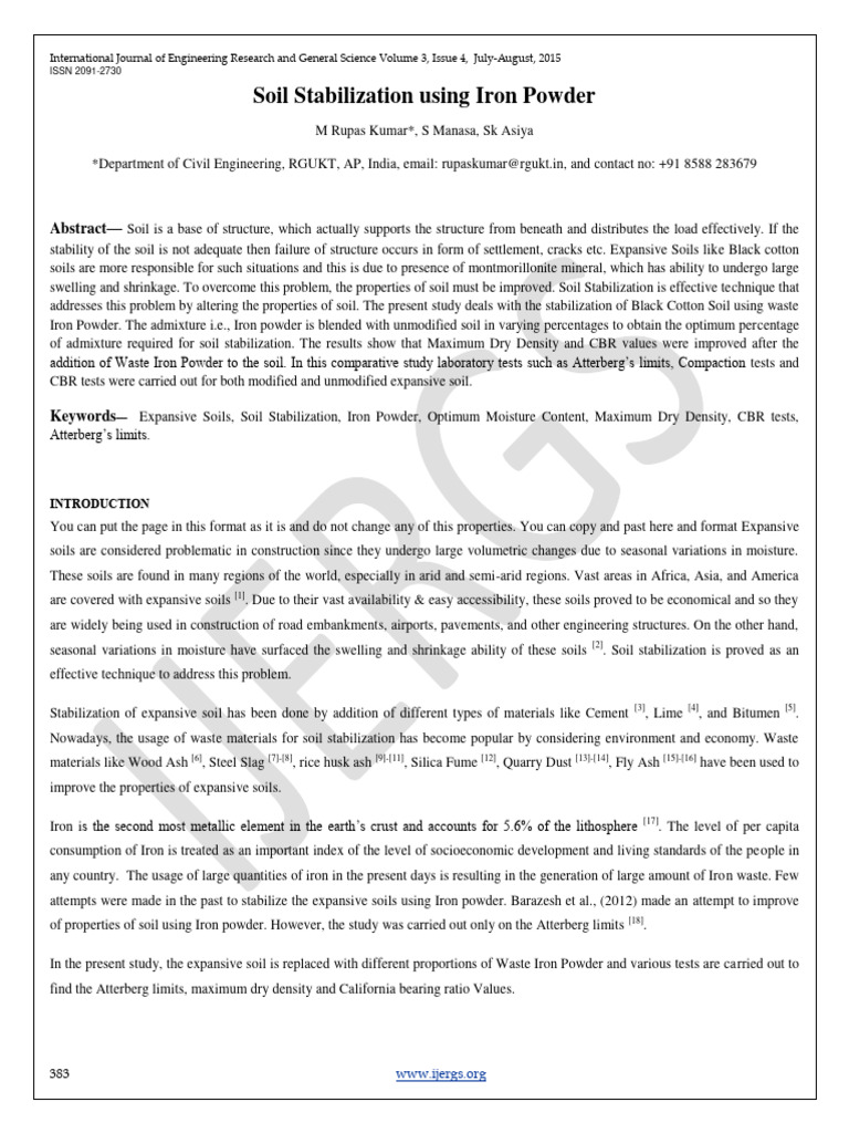 Soil Stabilization Using Iron Powder | PDF | Materials | Natural Materials Soil Stabilization Using Iron Powder | PDF | Materials | Natural Materials