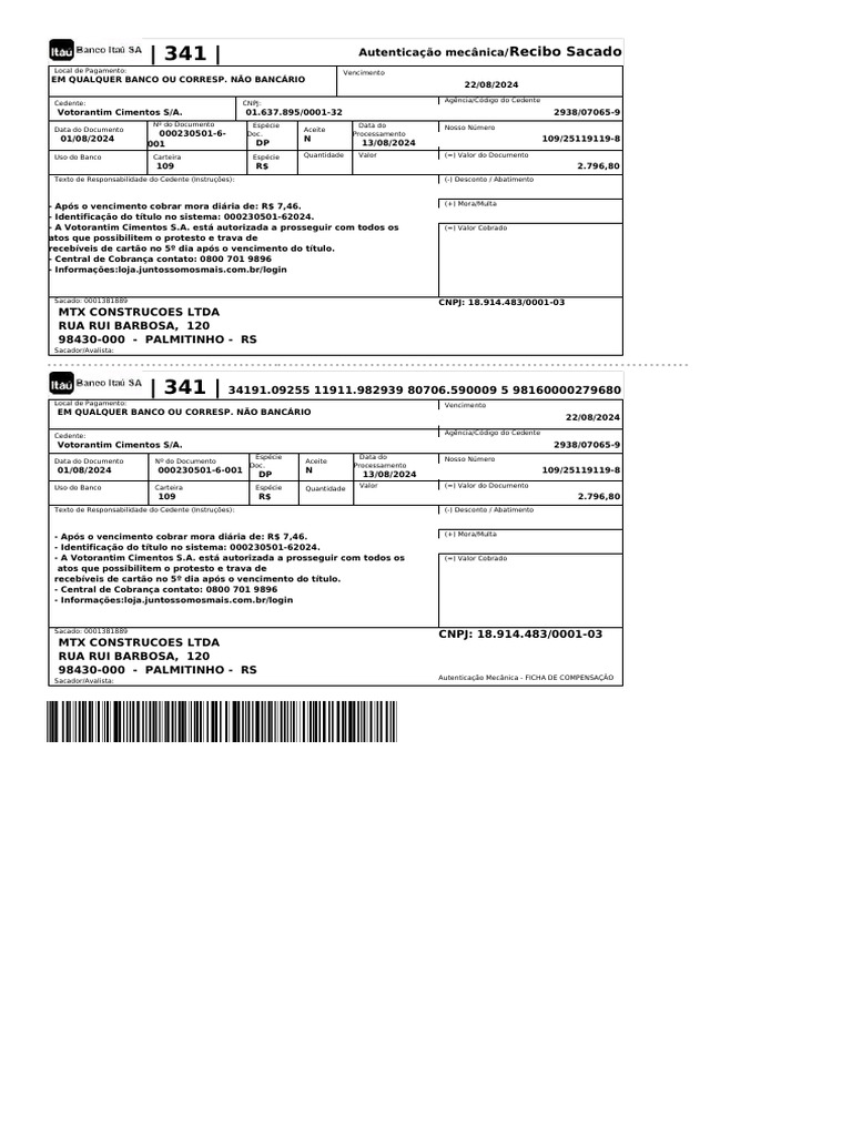 Recibo Sacado: Autenticação Mecânica | PDF