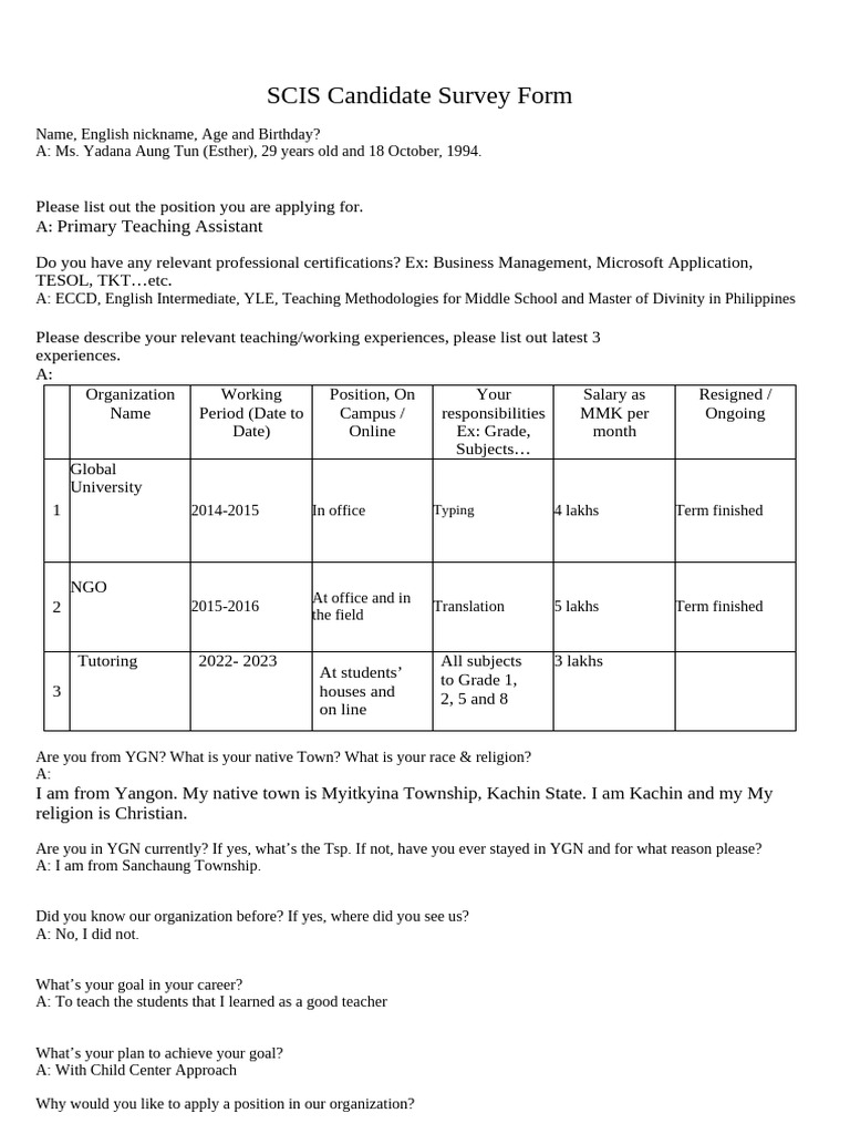 The Filled SCIS Candidate Survey Form | PDF | Salary