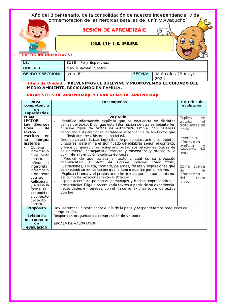 SESION D4 PLAN LECTOR DIA DE LA PAPA 29 de Mayo | PDF | Aprendizaje ...
