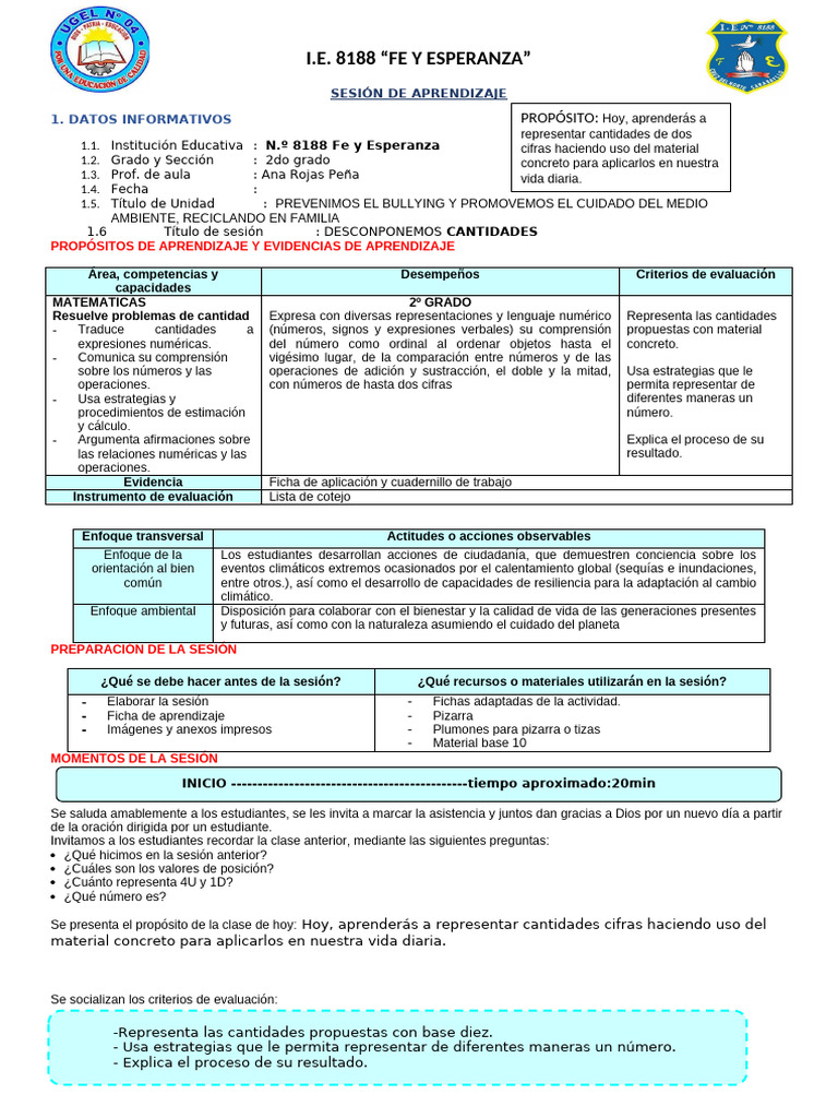 Sesion MAT DESCOMPONEMOS CANTIDADES | PDF | Evaluación | Aprendizaje Sesion MAT DESCOMPONEMOS CANTIDADES | PDF | Evaluación | Aprendizaje