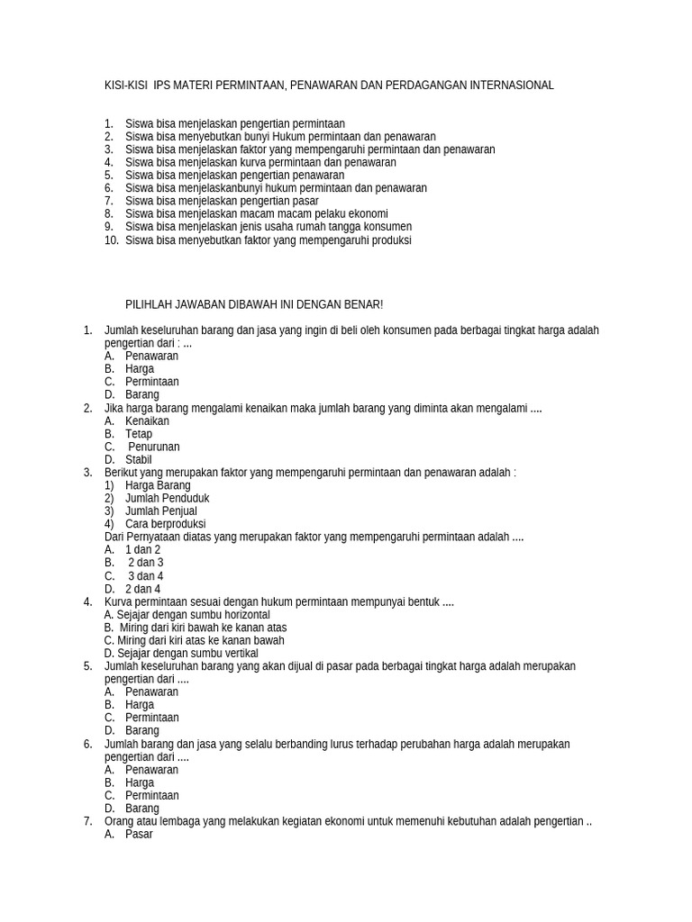 Kisi, Soal Dan Analisis Soal Materi Permintaan, Penawaran Dan Perdagangan Internasional | PDF