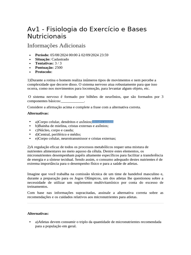 Av1 Fisiologia Do Exercício e Bases Nutricionais | PDF | Glicolise | Biologia