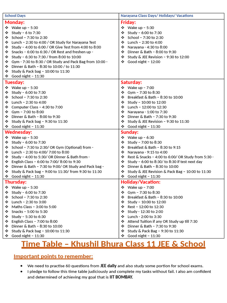 Khushil Bhura Time Table Class 11 JEE & School | PDF | Lunch