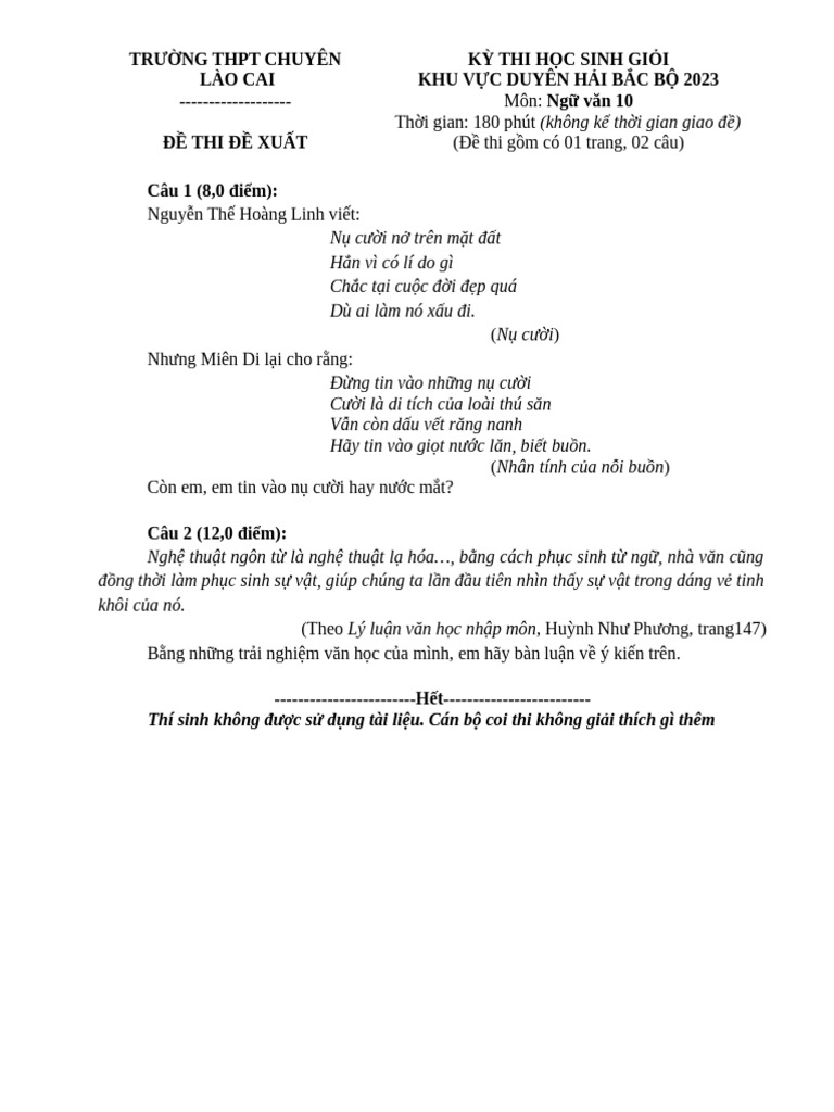 NG Văn - 10 - THPT Chuyên Lào Cai - de Duyen Hai | PDF