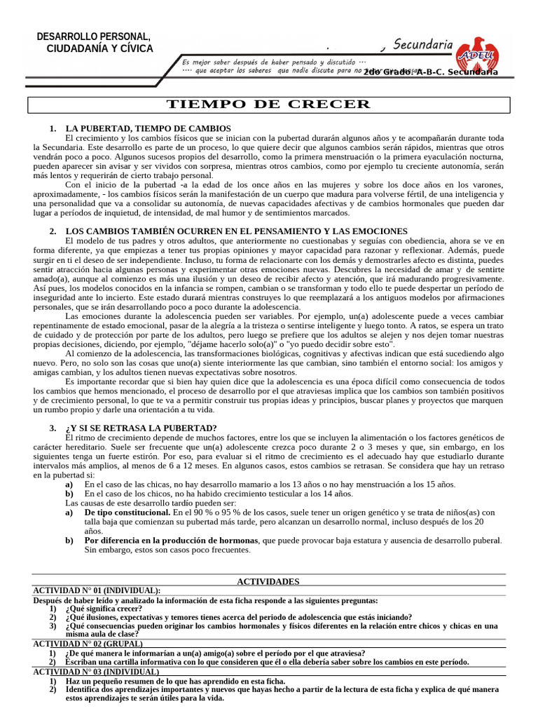 Toaz - Info 01 FT DPCC 2do Ab Sec PR | PDF | Pubertad | Adolescencia