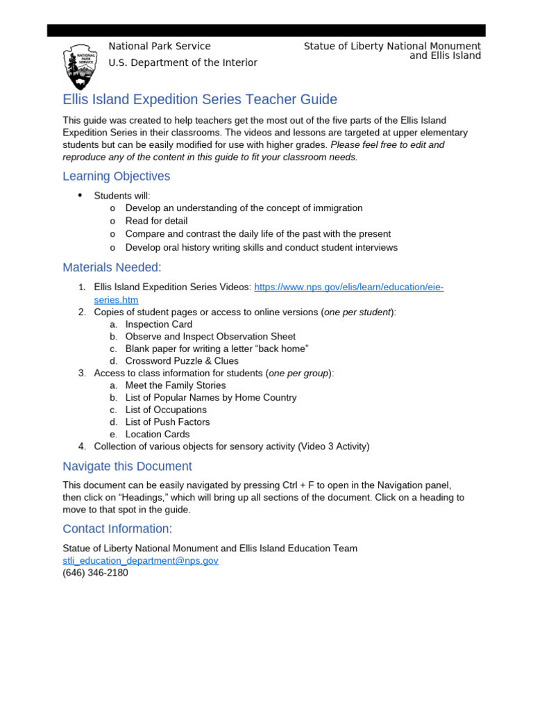 Ellis Island Expedition Series Teacher Guide | PDF | Senses | Immigration