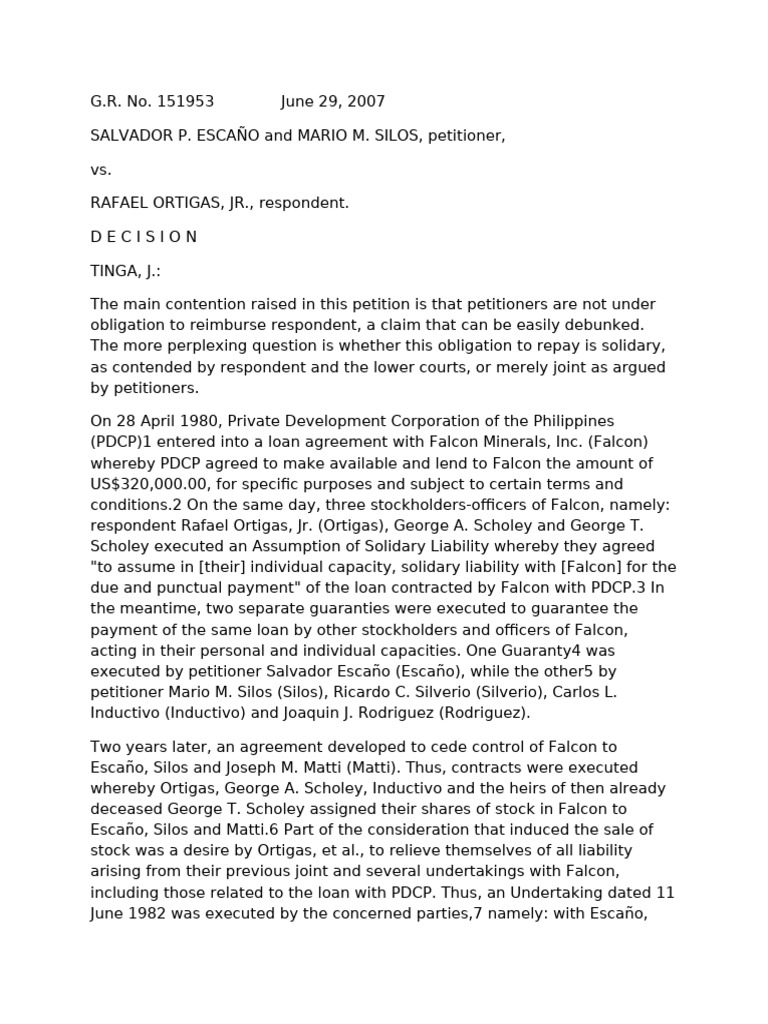 ESCAÑO & SILOS Vs - RAFAEL ORTEGAS JR. - G.R. No. 151953 | PDF | Surety ... ESCAÑO & SILOS Vs - RAFAEL ORTEGAS JR. - G.R. No. 151953 | PDF | Surety ...