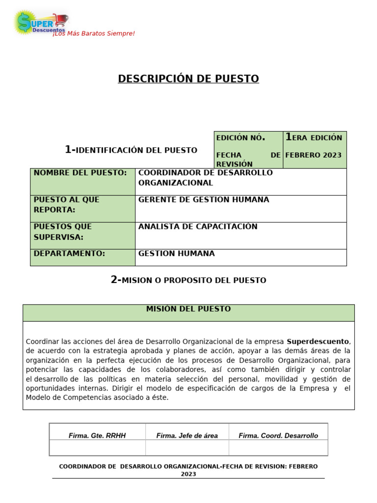 Descripcion de Puesto-Coordinador de Desarrollo Organizacional-Superdescuento Grupo No.6 | PDF ...