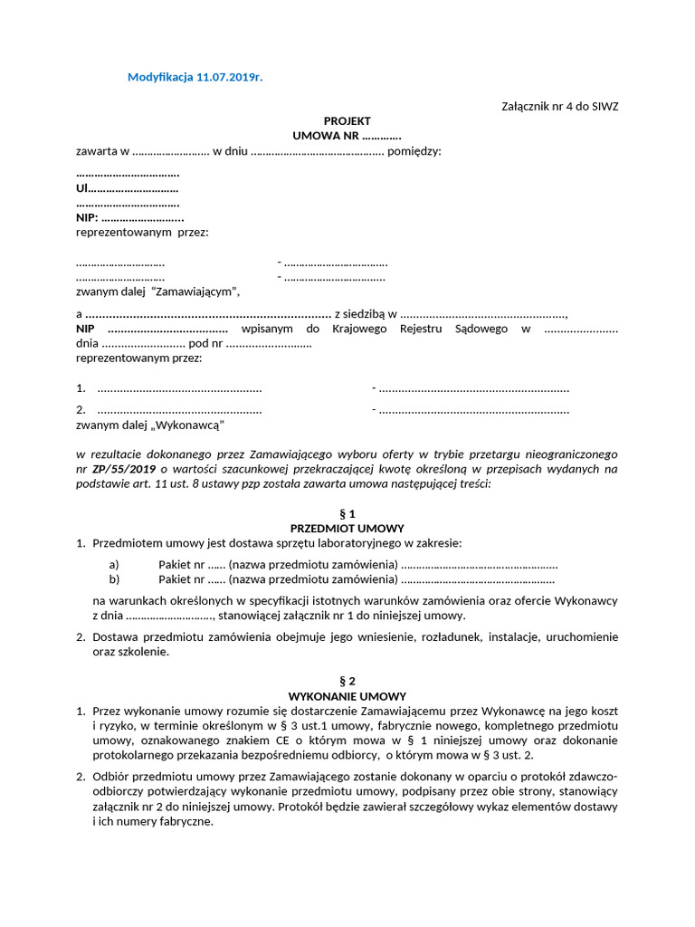 Zmodyfikowany ZaÅ Ä Cznik 4 - Projekt Umowy | PDF