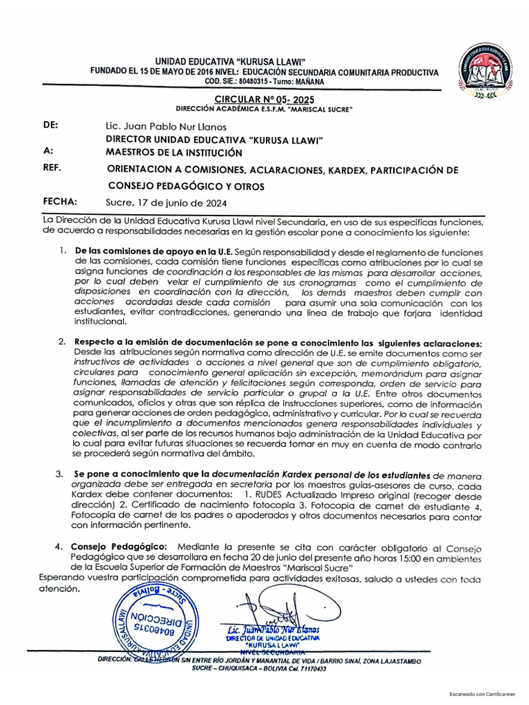 Circular 05 UE Kurusa Llawi Consejo Pedagógico | PDF
