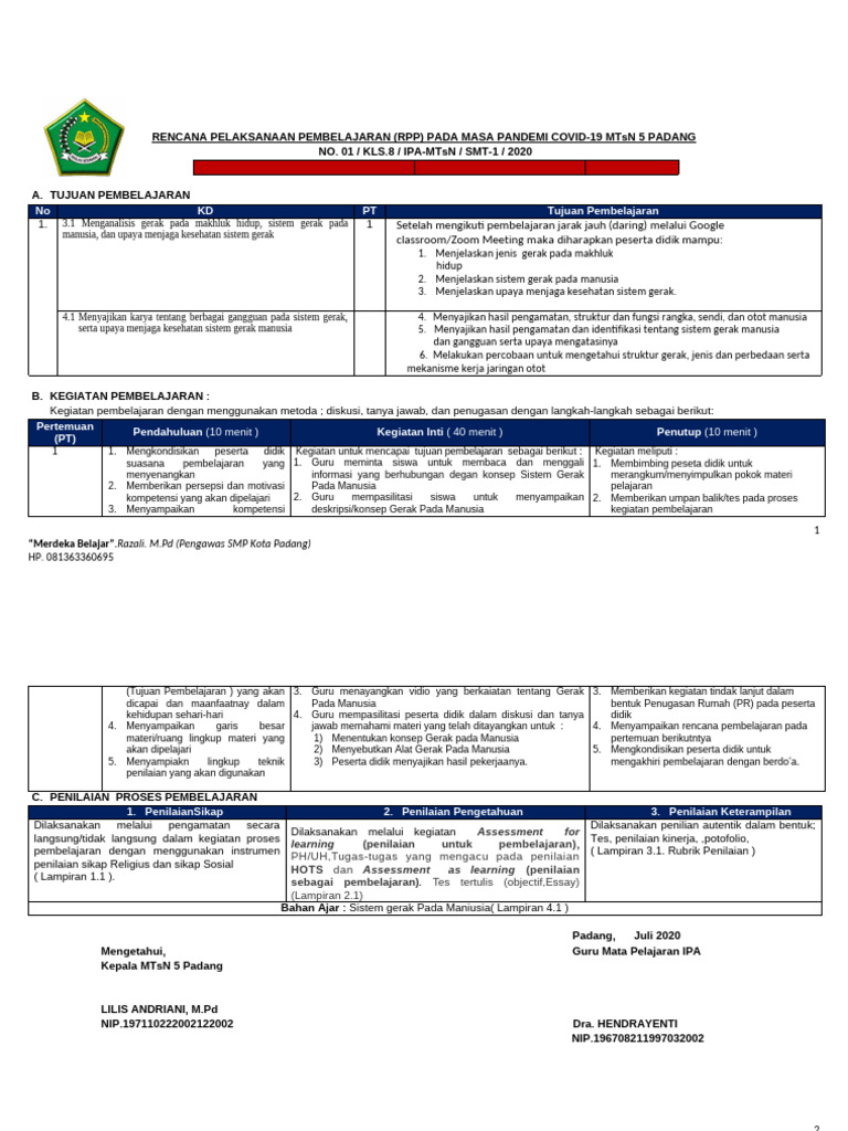 01. RPP Sistem Gerak Pada Manusia | PDF