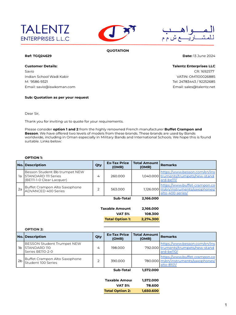 TLZ 629 Wind Instr. ISWK Quote BC and Jupter | PDF